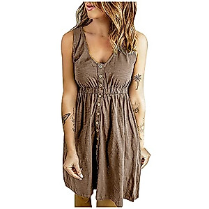 Lastesso Womens Sleeveless High Waist Mini Babydoll Dress V Neck Off Shoulder Button Down Dresses Casual Solid Short Dress