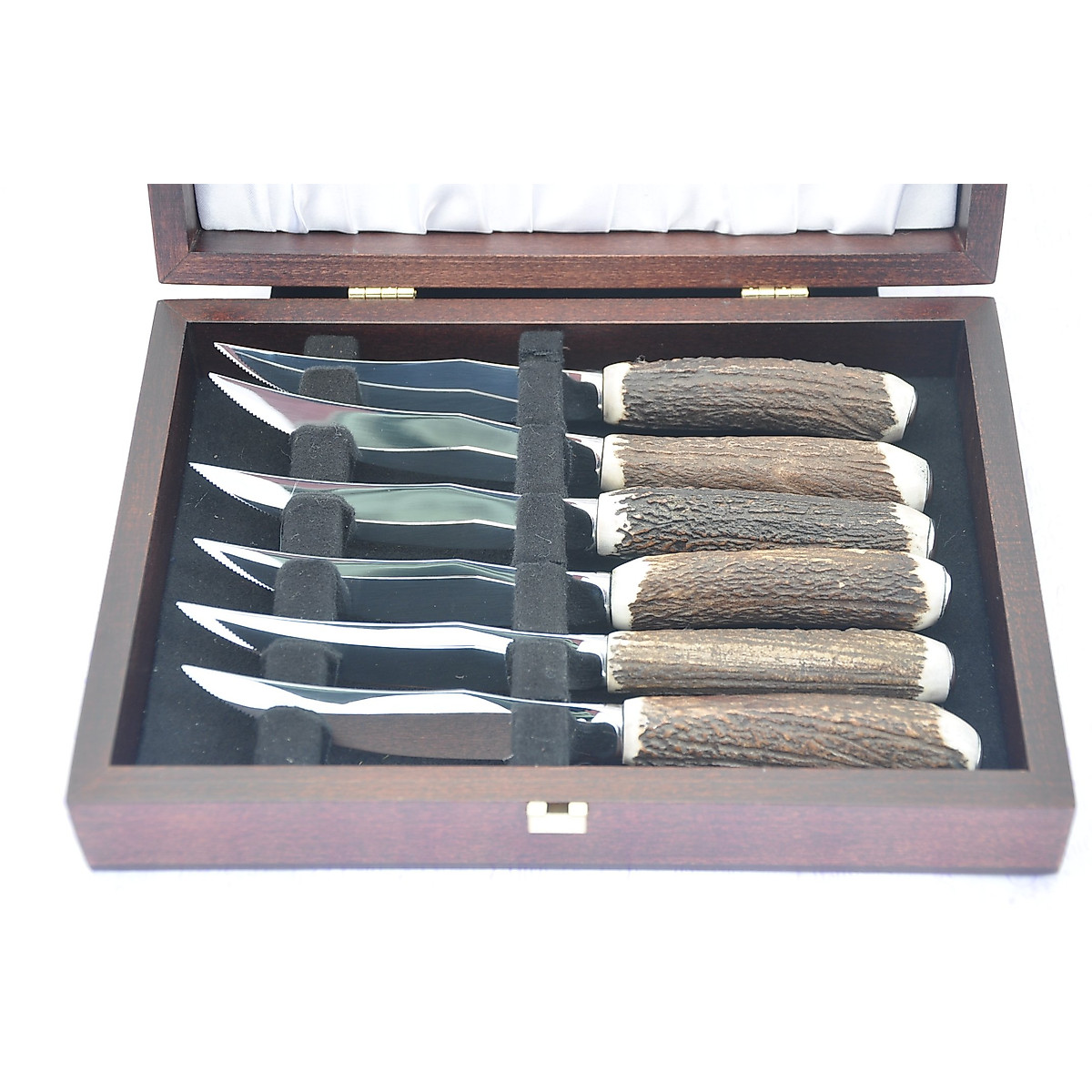 Six Cased Genuine Stag Horn/Antler Handle Steak Knives Made in Sheffield England Free Engraving