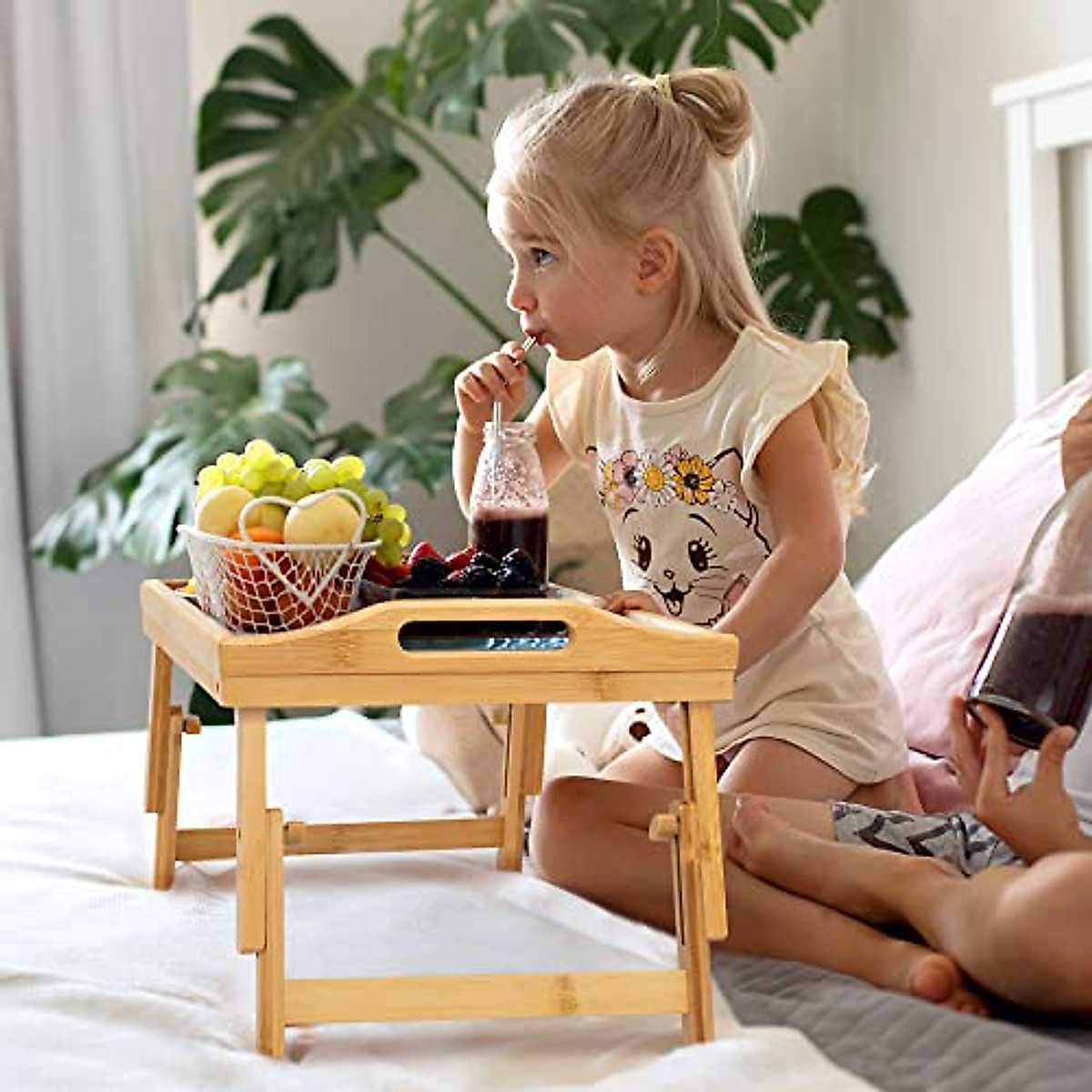 Mayyol Breakfast Bed Tray for Eating - Raised Food Table Up to 9.5" on Lap Sofa - Adjustable Bamboo Serving Tray - Portable Snack Platter with Folding Legs Ideal for Bedroom Picnic