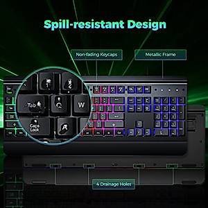 Dacoity Gaming Keyboard, 104 Keys All-Metal Panel, Rainbow LED Backlit Quiet Computer Keyboard, Wrist Rest, Multimedia Keys, Anti-ghosting Keys, Waterproof Light Up USB Wired Keyboard for PC Mac Xbox