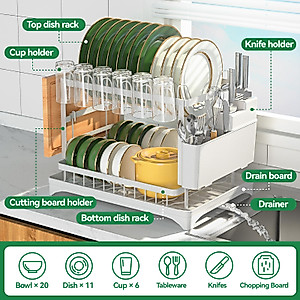 QECOUI 2 Tier Dish Drying Rack for Kitchen Counter, Dish Drainers for Kitchen Counter with Drainboard, Metal Kitchen Dish Rack with Drain, Kitchen Drying Rack Two Tier, Black Dish Racks (White)