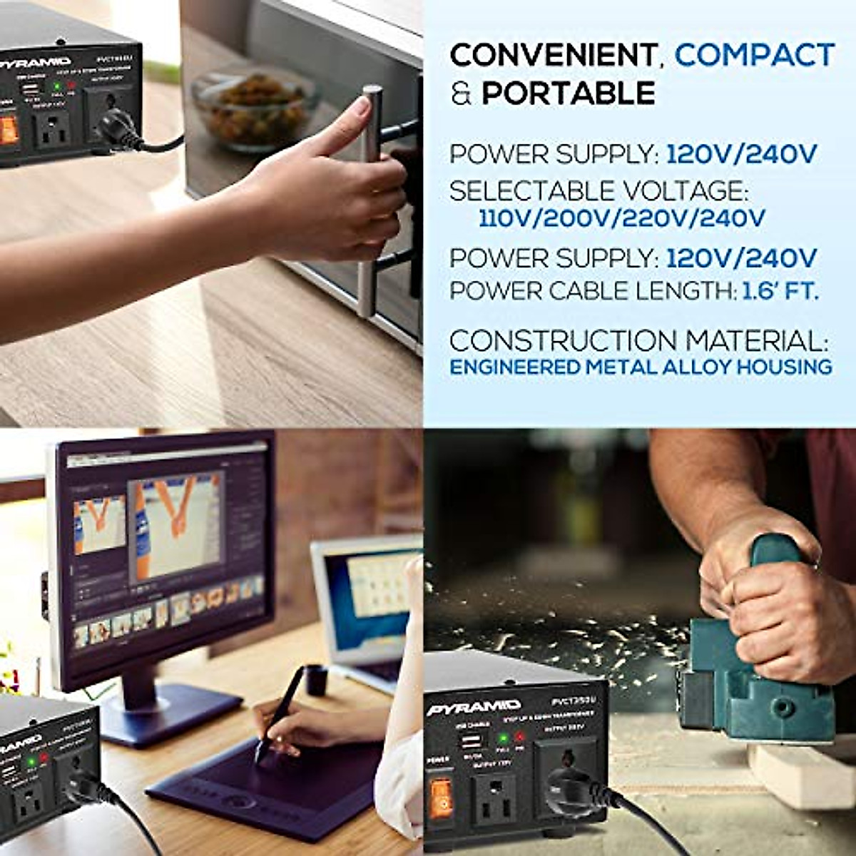 Pyramid Step Up and Down Converter -350 Watt Voltage Converter Transformer w/ USB Charging Port, UK Power Adapter, AC 110 / 120 to 220 / 240 Volt Vice Versa, 110V/120V/220V/240V Input Voltage PVCT350U