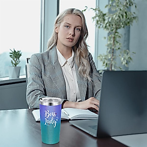 Boss Day Gifts-Boss Lady Stainless Steel Travel Tumbler, Boss Gifts for Women Boss Lady Gag Female Friends Wine Lover Mom on Christmas Birthday, 20oz Insulated Travel Tumbler with Lids, Flash Gradient