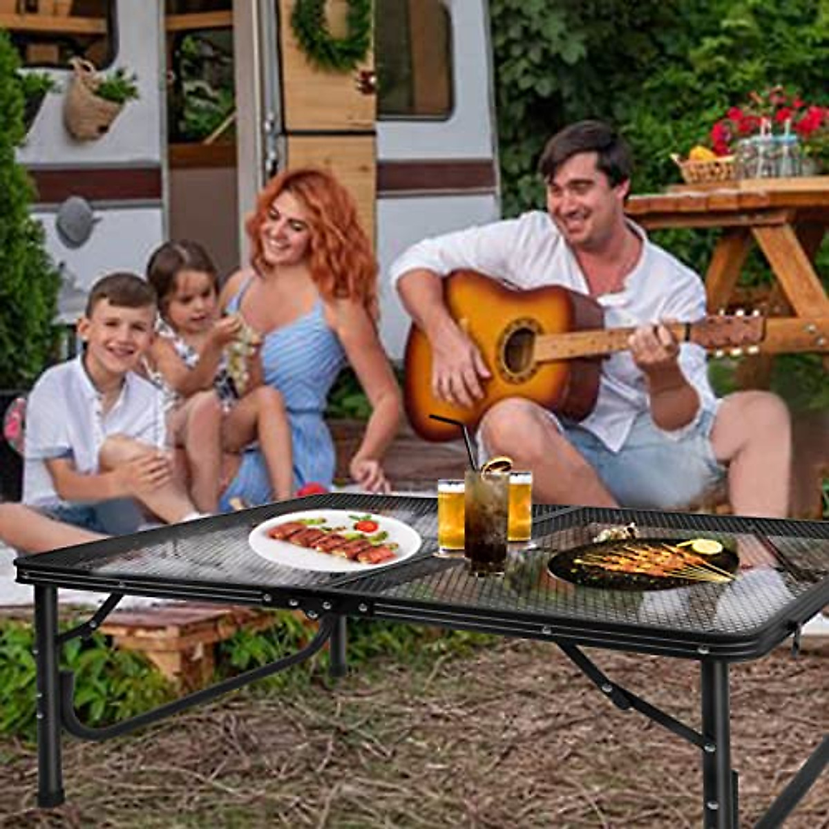 YDY+YQY Folding Metal Grill Table Portable Camping Aluminum Table with Mesh Desktop, Anti-Slip Feet, Height Adjustable, Lightweight Outdoor Table for Garden RV Picnic BBQ Cooking