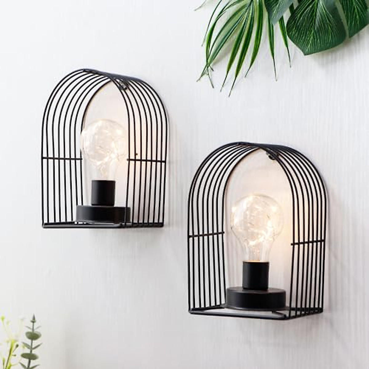 NEWIMAGE Set of 2 Battery Operated Lamp 7''H Unique Cordless Wall Sconce Metal Wall Mount Lamp with 6-Hour Timer and Warm White Fairy Lights Bulb for Home Living Room Bedroom Kitchen Hallway Stairway