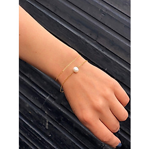 Solid 14K Gold Pearl Necklace for Women, Sliding pearl design, Real 7.5mm Freshwater Cultured Pearl Pendant Necklace Love Jewelry Gift for Her, Mom, Wife, Girl 16"-18"