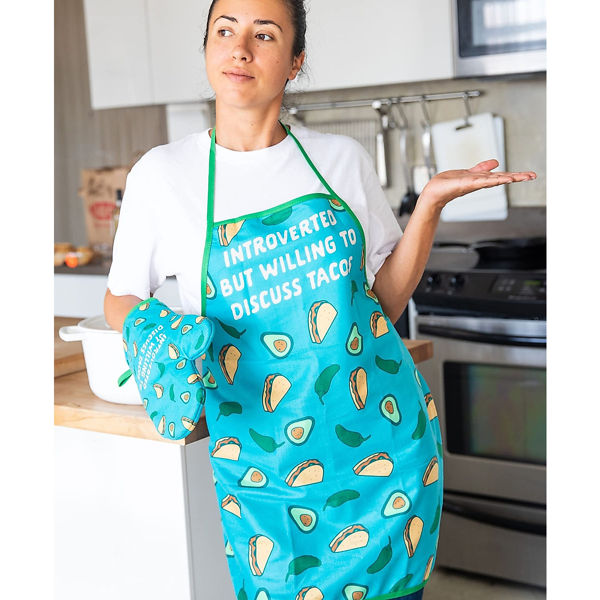 Introverted But Willing To Discuss Tacos Funny Cinco De Mayo Graphic Kitchen Accessories Funny Graphic Kitchenwear Funny Food Novelty Cookware Blue Oven Mitt