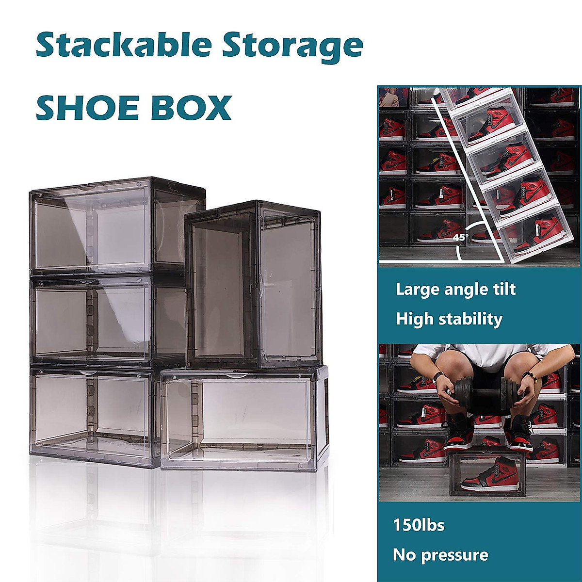 Reitu 3 Pack Shoe Storage Boxes, Clear Plastic Stackable Shoe Organizer Bins, Side Opening Sneaker Holder Containers For Men/Women sneaker Fit up to US Size 13 (Black)