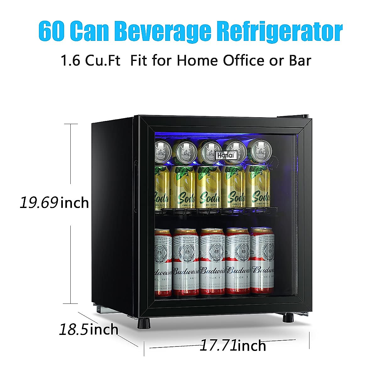 Beverage Refrigerator Cooler 60 Can Mini Fridge Glass Door for Beer Drinks Wines Juice, Adjustable Shelves Blue LED Lights and User Friendly Temperature Knob for Home Office Dorm Bar 1.6 Cu. Ft