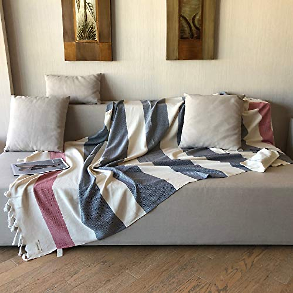 Bersuse 100% Cotton Aspendos XL Throw Blanket Turkish Towel - 60x90 Inches, Dark Blue-Red