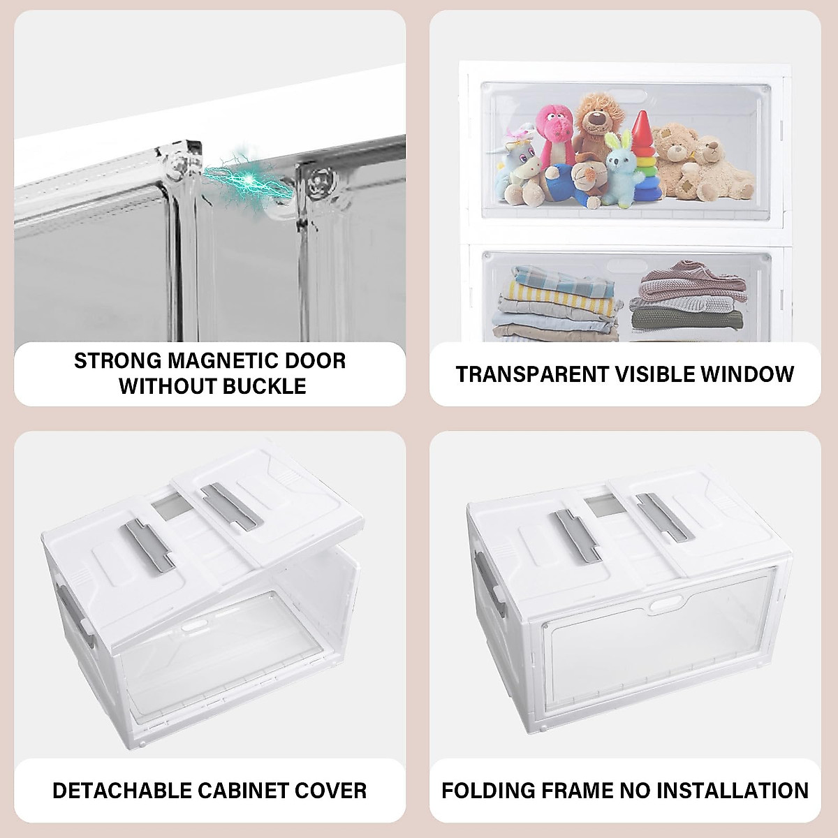 4 Tier Plastic Storage Bins, Folding Storage Organizer with Drawers, Clear Large Storage Containers with Lids and Magnetic Switch-15 * 11 * 31 inch Stackable Organizers for Home, Office, Bedroom