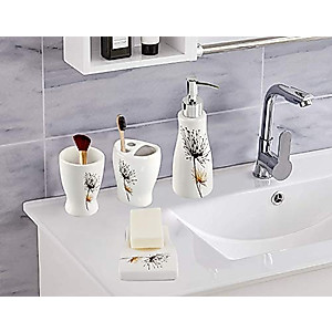 HOME-X Bathroom Accessory Set, 4-Piece Set with Soap Dish, Liquid Dispenser, Tumbler, and Toothbrush Holder, White with Flower Print