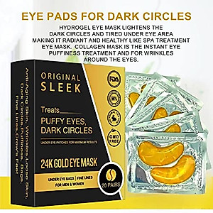 Original Sleek 24k Gold Under Eye Patches (20 pairs) - collagen patches, dark under eye circles treatment, bags under eyes treatment for women,puffy eye mask, under eye mask patches