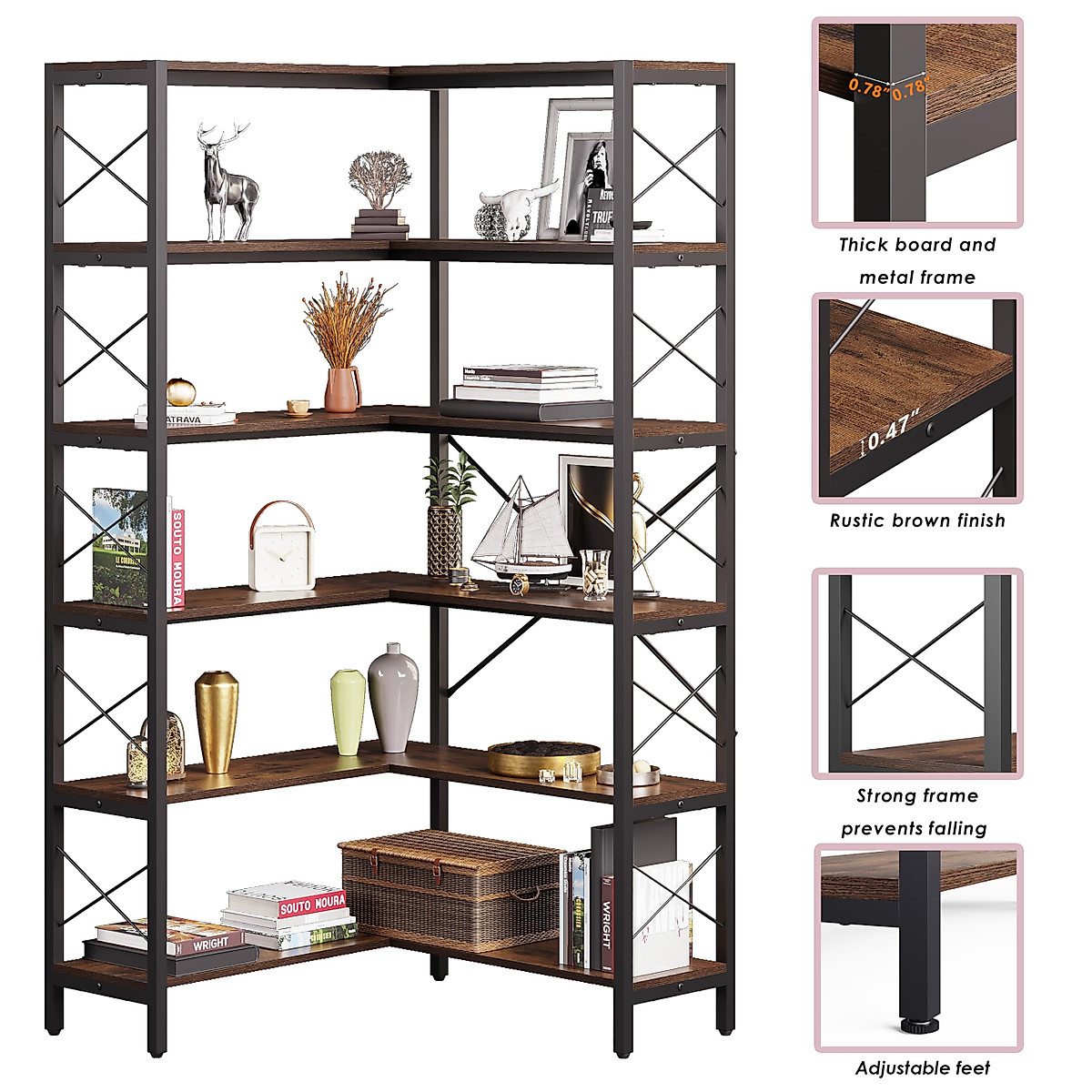Jartoil Corner Bookshelf 6-Tier, Tall Book Shelf L-Shaped, Large Etagere Bookcase Industrial Style with Metal Frame for Home Office Shelves