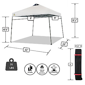 CROWN SHADES 9x9 Pop Up Canopy Tent, Outdoor Canopy with Wheeled Bag, Slant Leg One Push Pop up Tent, Wheeled Bag, 8 Stakes, 4 Ropes(White)