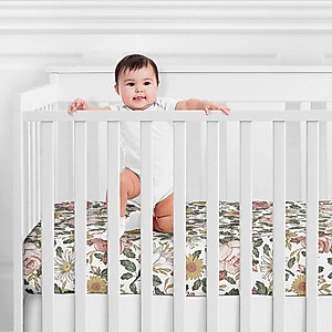 Sweet Jojo Designs Vintage Floral Boho Girl Cotton Fitted Crib Sheet Baby or Toddler Bed Nursery - Blush Pink, Yellow, Green and White Shabby Chic Rose Flower Farmhouse 100% Cotton