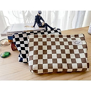 HAPPYHEIDI Women Checkered Corduroy Makeup Bag Cosmetic Pouch Purse Organiser, Canvas Lining, Cute Black White
