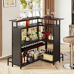 YITAHOME L Shaped Mini Home Bar Unit for Living Room with Music Sensing LED Light, Tall Bars Furniture Table with Wine Rack Alcohol Storage Glasses Hanger Footrest for Kitchen Pub, Black