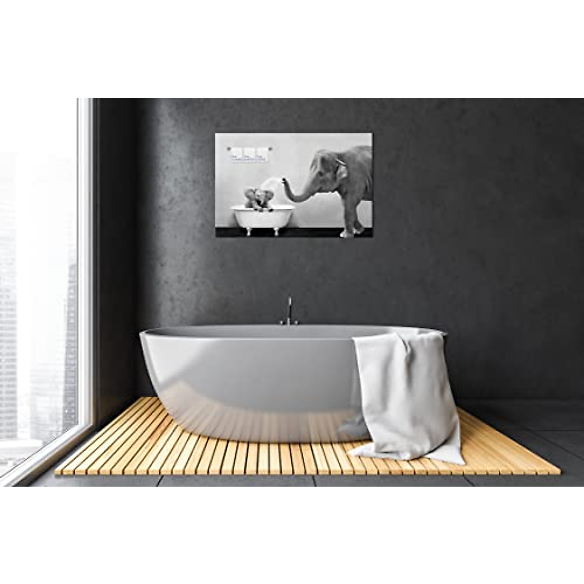 Piy Painting Elephant Bathroom Decor Wall Art, Funny Canvas Prints of Mother and Child Playing Water in Bath Crock, Warm Bathtub Picture with Keep Clean, Keep Happy, Keep Love Words Motivating Kids.