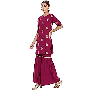 Janasya Indian Women's Magenta Poly Crepe Kurti With Sharara And Dupatta(SET250-KR-SHA-M)