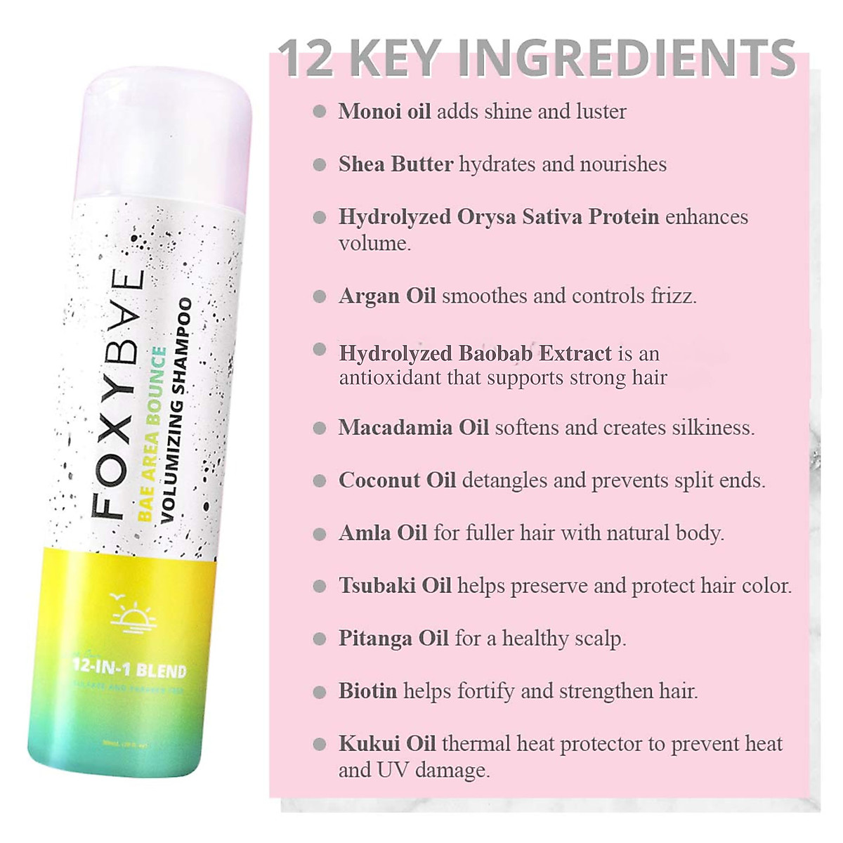 FoxyBae Bae Area Bounce Volumizing Shampoo | 12-in-1 Blend Hair Growth Shampoo for Volume, Shine, Anti-Frizz with Biotin, Argan Oil, Shea Butter | Sulfate-Free, Paraben-Free, Cruelty-Free (10 Fl OZ)