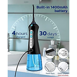 Cordless Water Flosser for Teeth Professional Water Teeth Cleaner Picks Dental Oral Irrigator with 3 Modes & 4 Jet Tips for Braces Gums, IPX7 Waterproof, 300ml Detachable Tank for Home Travel Black