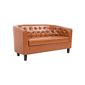 Emma Love Seat, Button Tufted Faux Leather Barrel Loveseat, Midcentury Modern 2 Seater Sofa Couch, Small Loveseat for Small Spaces, Bedrooms, Couches for Living Room, Easy Tool-Free Assembly - Caramel