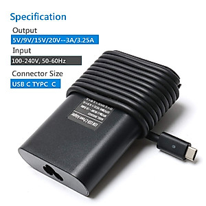 65W USB-C Charger for Dell XPS 13 9300 7390 9350 9360 9365 9370 9380,Latitude 7400 7480 7490 7389 7370 7275 5300 5400 5290 5480 5580 5490 5590,Chromebook 3100 3400 3380 5190 2-in-1 Laptop AC Adapter