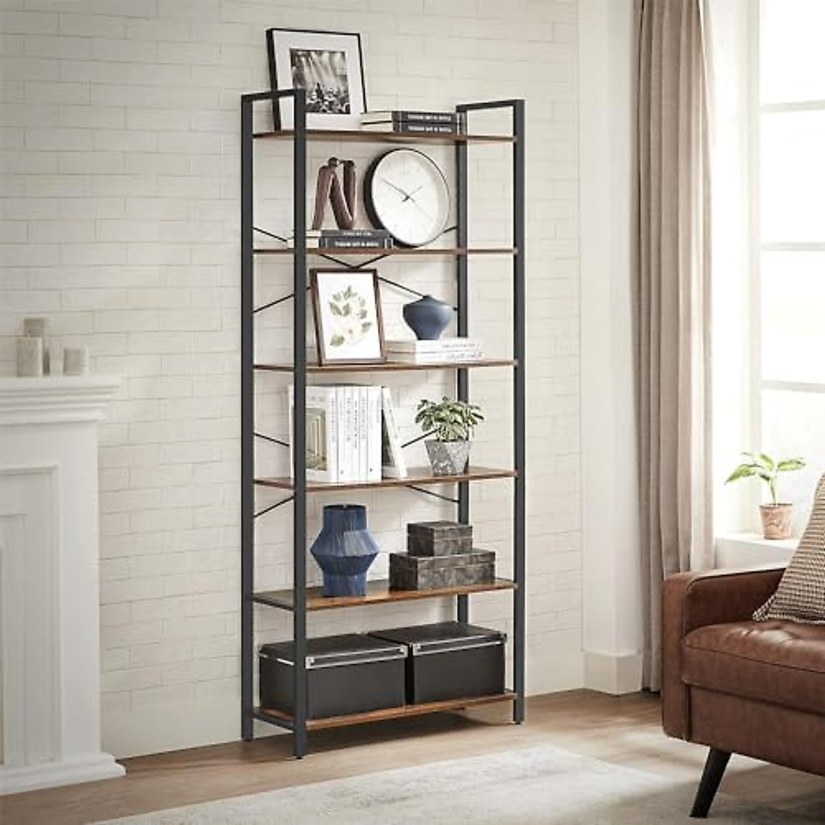 Fancial 6-Tier Tall Bookshelf, Large Bookcase with Steel Frame, Deep Book Shelf for Living Room, Home Office, Study, 11.8 x 31.5 x 73.2 Inches, Industrial Style, Rustic Brown and Black