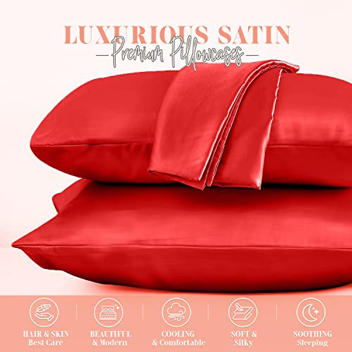 Elegant Comfort Silky and Luxurious 2-Piece Satin Pillowcase Set for Healthier Skin and Hair, Hidden Zipper Closure and Beautifully Packaged, Satin Pillowcase Set, Standard/Queen, Red