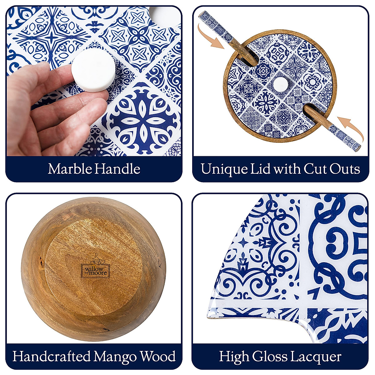 Decorative Wooden Salad Bowl Set with Lid and Servers in Moroccan Blue. Premium Mango wood bowls with Tongs Set for Salads, Cereal, Popcorn & Fruit. Great for Home and Entertainment! 12" Wooden bowl.