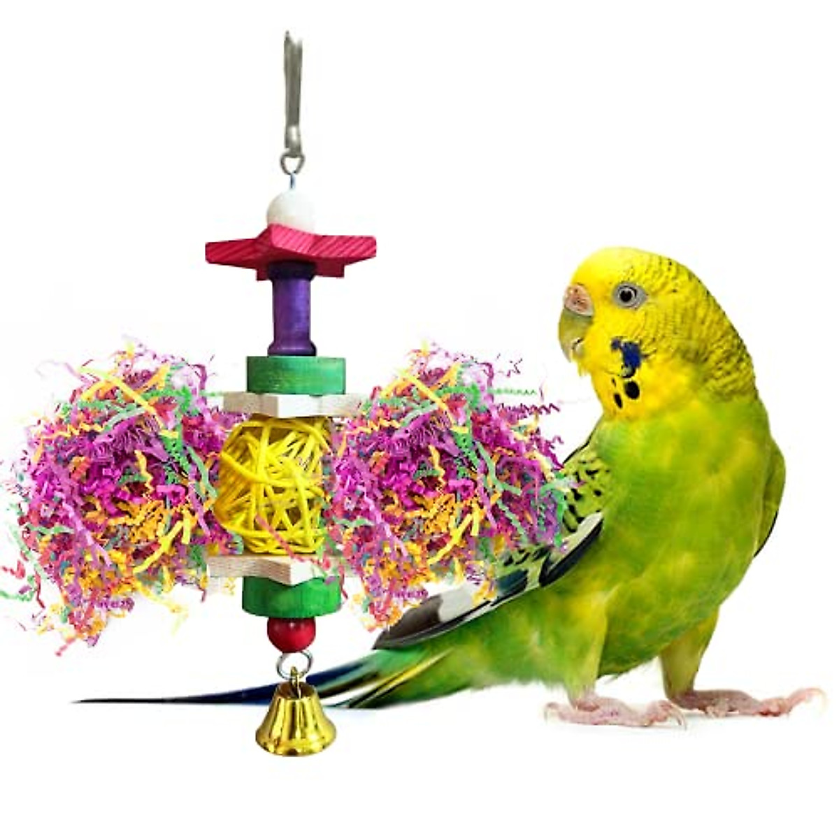 SunGrow Parakeet Toy, Brightly Colored Hanging Toy Made of Rattan, Wood and Shredded Paper, for Small and Medium Parrots, Cockatiels, Lovebirds and Finches (1 Piece)
