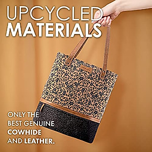 Tote Bags for Women by Sixtease - Large Tote Bag with Zipper Top - Genuine Leather Strap, Upcycled Canvas, Rug, Hair On and Hardware Accents - Vintage Style Hand Stitched - Efflorescence