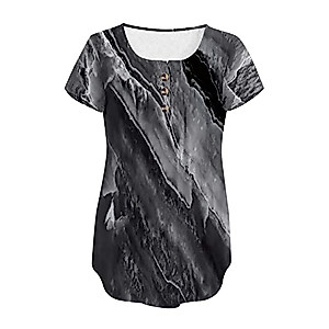 Tuianres Summer Shirts for Women 2023 Loose Fit Tunic Marble Print Short Sleeve Pleated Hide Belly Button T-Shirt Blouse