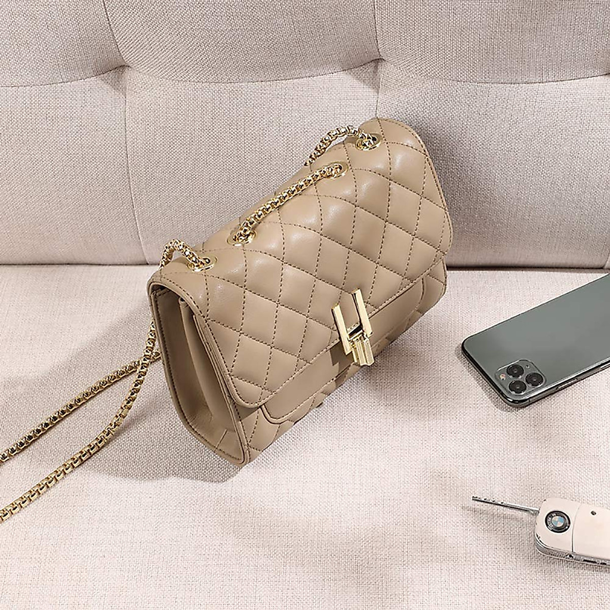 Plergi Small Genuine Leather Crossbody Quilted Flap Handbag with Chain Strap for Women Lightweight Cellphone Bag