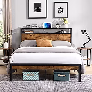 Modern Industrial Queen Size Metal Platform Bed Frame with Wooden Headboard and Footboard with USB and Charging Station, No Box Spring Needed, Large Under Bed Storage, Easy Assemble (Queen)