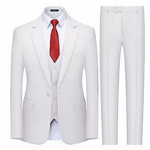 MAGE MALE Men's 3 Pieces Suit Slim Fit Notch Lapel One Button Business Wedding Party Solid Blazer Jacket Vest Pants Set with Tie White