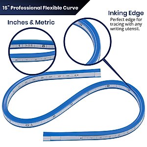 Pacific Arc Flexible Curve Graduated 16 Inch Ruler with Inking Edge, for Drawing, Pattern Making, Engineering, Stencil Making, Saddle Fitting