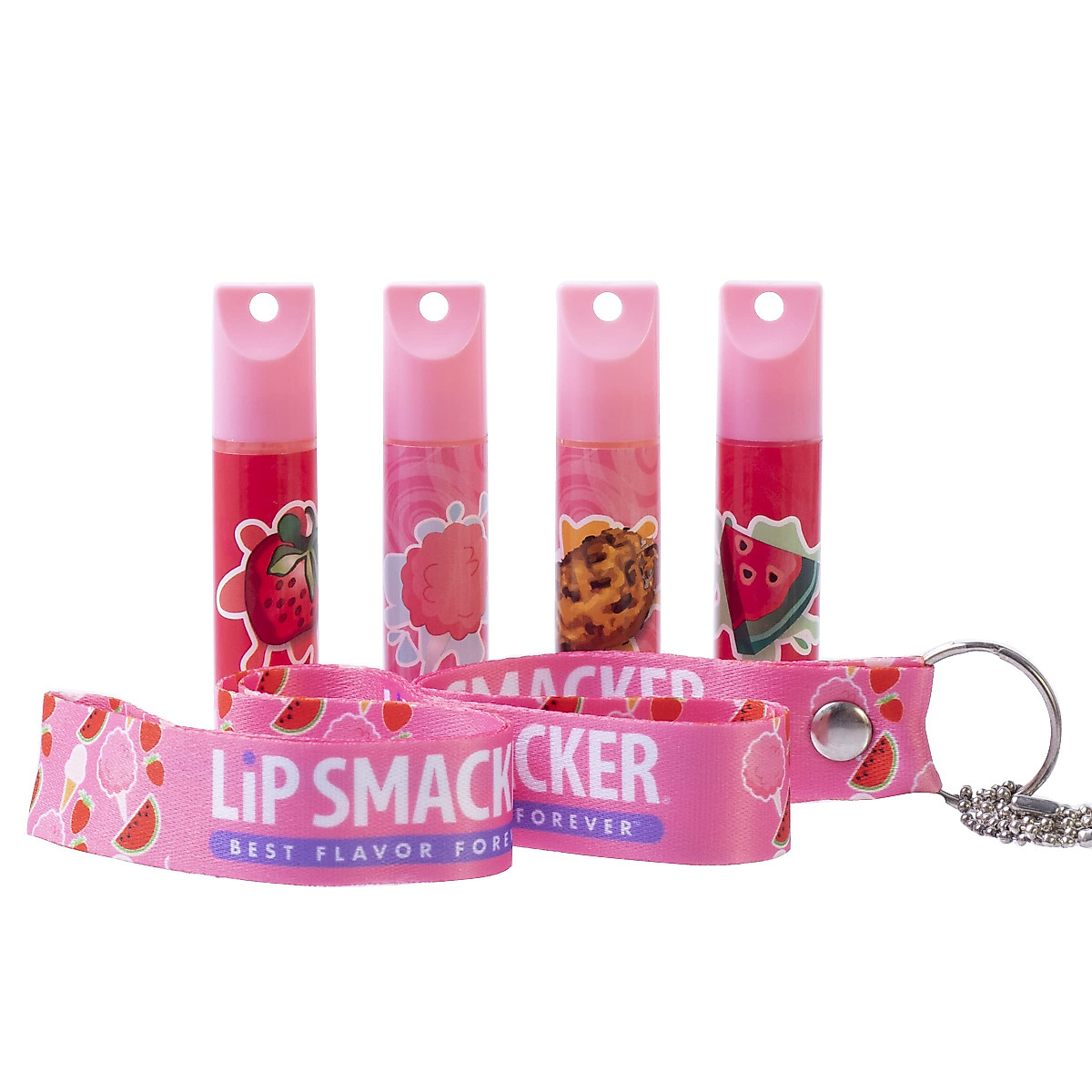 Lip Smacker Flavored Lip Balm & Pink Lanyard Set | Strawberry, Cotton Candy, Watermelon, Oatmeal Cookie Flavors | For Kids | Stocking Stuffer | Christmas Gift | Set of 4