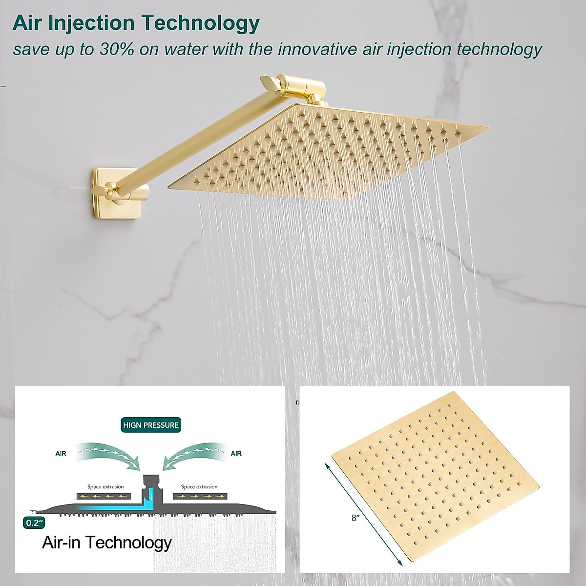 Hoimpro Adjustable Extension Shower Arm Shower System with 8 Inch Rain Shower Head Wall Mounted Shower Kit, Bathroom Rainfall Shower Faucet Fixture Combo Set with Rough-in Valve Body, Brushed Gold