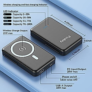 Magnetic Wireless Power Bank 10000mAh, Poukey Mag-Safe Portable Charger with 15W Wireless Charging & 20W PD USB C Fast Charging Compatible with MagSafe Battery Pack for iPhone 12 13 Pro Max/Pro/Mini