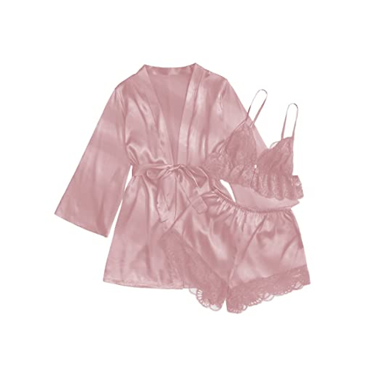 Verdusa Women's Satin Pajama Set 3 Piece Lace Trim Camisole and Shorts with Robe Pink L