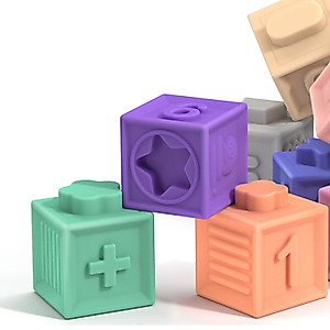 TEMI Baby Toys Blocks, Soft Stacking Building Blocks Educational Teethers Toy Squeeze Play with Numbers Shapes Animals Fruit and Textures