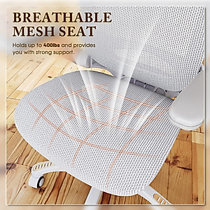 GABRYLLY Ergonomic Office Chair, High Back Home Desk Chair with Flip-Up Arms, Headrest, 90-120° Tilt and Wide Cushion, 400LBS White Mesh Chair for Work Gaming Study (GY01-NT, Woodgrain Pattern)