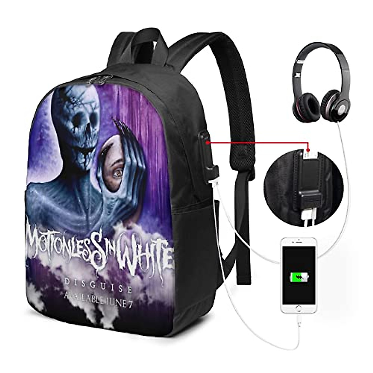 Motionless Rock in Band White Travel Laptop Backpack, Business Anti Theft Durable Backpack With USB Charging/Headphone Port Daypack College School Computer Bag Gifts for Men & Women Fits 17x 12 x 6.5 Inch Bookbag