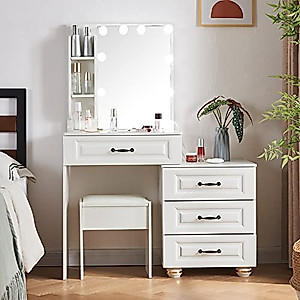Xinhonglei Modern Makeup Vanity Dressing Table with 10 Led Lights Mirror, Vanity Desk with 4 Drawers & Stool, White Large Vanity Set for Women Girls' Bedroom Furniture