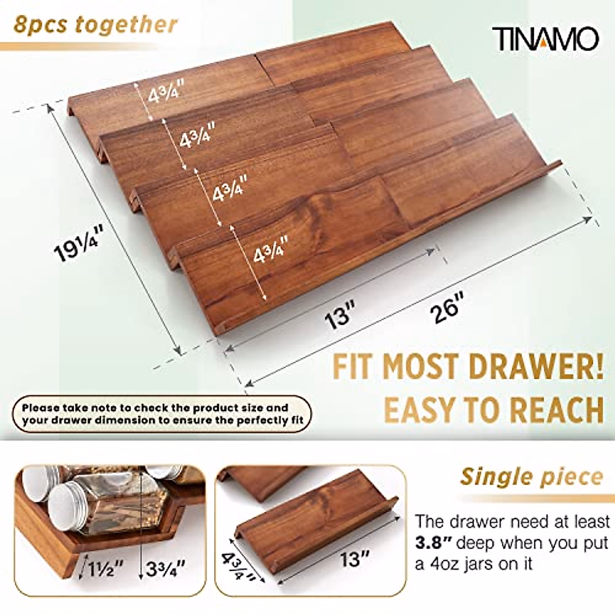 Tinamo Acacia Spice Rack Organizer for Drawer - Wooden Tray Spice Racks Organizer for Cabinet Storage Shelf - 4 Tier Spice Drawer Organizer 64 Jars ( Acacia Wood)
