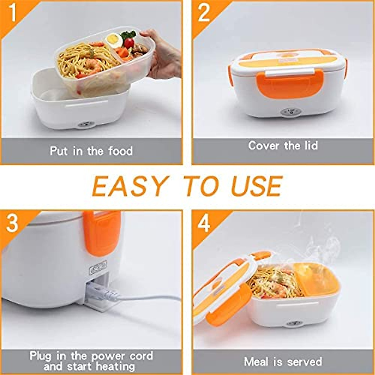 RXF Electric Lunch Box,2 in 1 Portable Food Heater Food Grade Container 12V 110V 40W Adapter Homework for Car Truck,Spoon and 2 Compartments,Orange