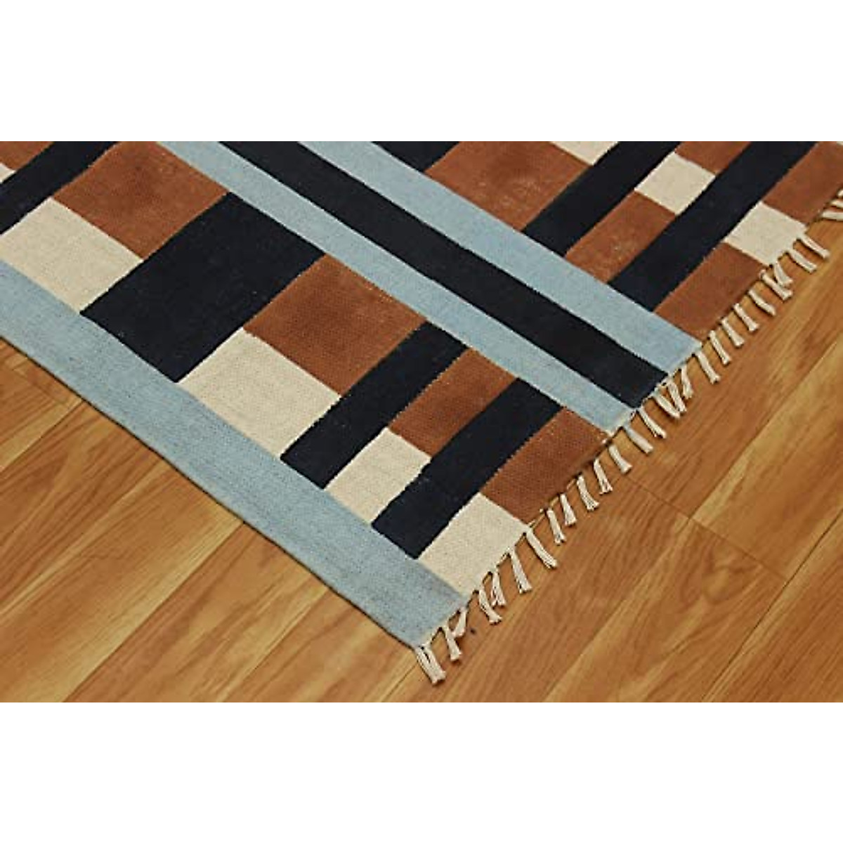 Casavani Indian Handmade Cotton Carpet Geometric Black & Multicolor Area Dhurrie Best Uses For Home/Office 4x8 Feet Rugs for Bedroom,Living Room,Kids Room,Hallway Enterway,Kitchen 8x8 Feet Square