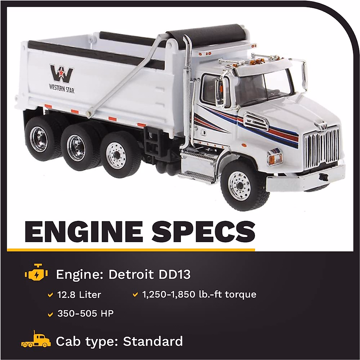 Diecast Masters Western Star 4700 SB Dump Truck - White | Real Truck Specifications, Tandem with Lift Axle and Dump | 1:50 Scale Model Semi Trucks | Diecast Model 71034